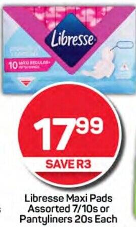 Libresse Maxi Pads Assorted or Pantyliners 7s & 10s & 20s offer at Pick ...