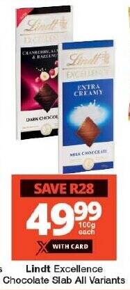 Lindt Excellence Chocolate Slab All Variants 100 g offer at Checkers