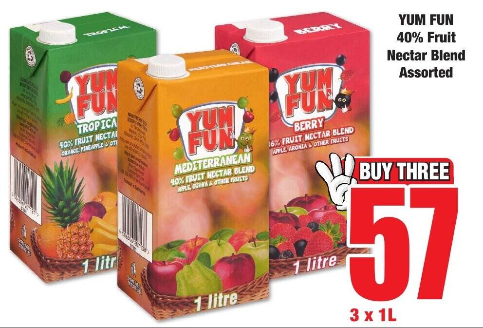 YUM FUN 40% Fruit Nectar Blend Assorted 3 x 1 L offer at Boxer Superstores