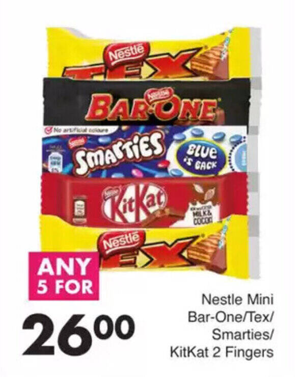 Nestle Mini Bar-One/Tex/ Smarties/ KitKat 2 Fingers offer at Save Hyper