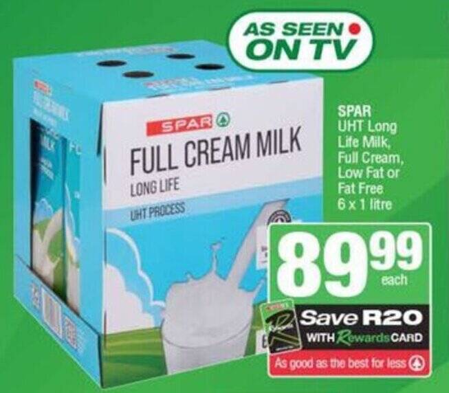 SPAR UHT Long Life Milk, Full Cream, Low Fat or Fat Free 6 x 1 L offer ...