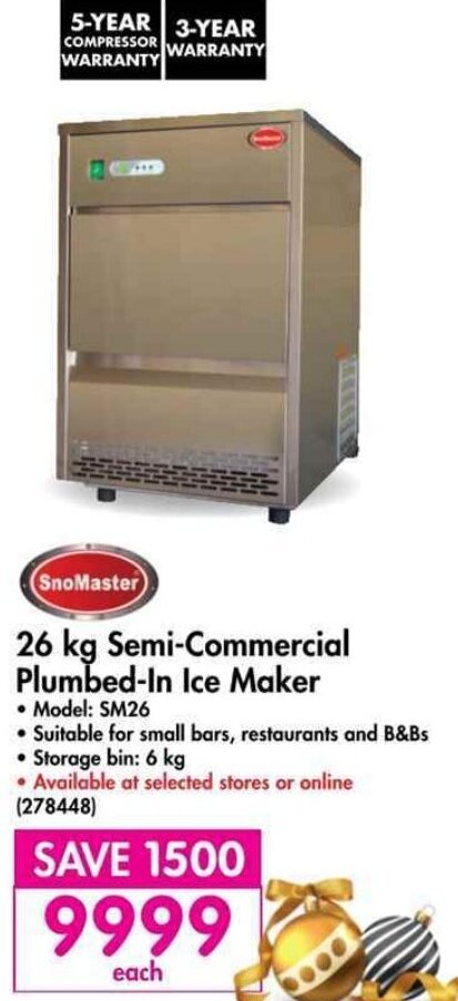 SnoMaster 26kg Semi-Commercial Plumbed-In Ice Maker offer at Makro