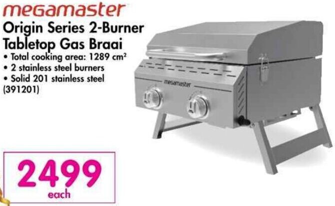 Megamaster Origin Series 2-Burner Tabletop Gas Braai offer at Makro