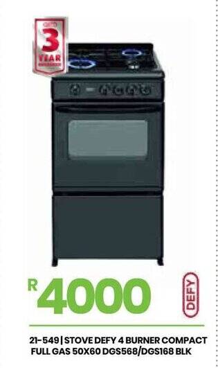 STOVE DEFY 4 BURNER COMPACT FULL GAS 50X60 DGS568/DGS168 BLK offer at ...
