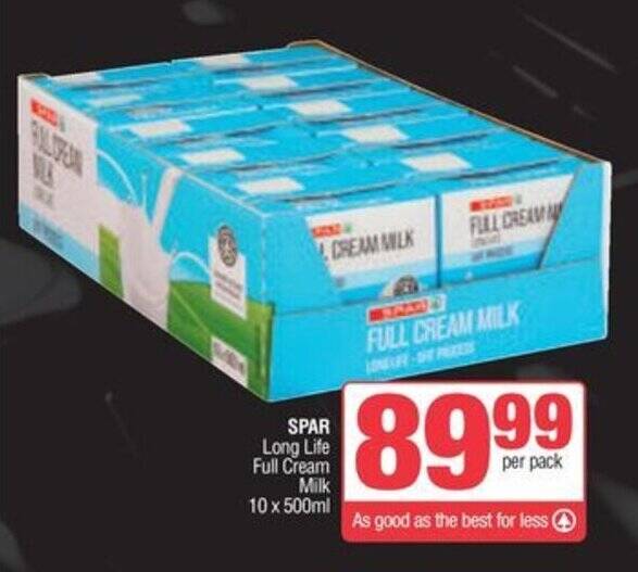 SPAR Long Life Full Cream Milk 10 x 500 ml offer at SuperSpar