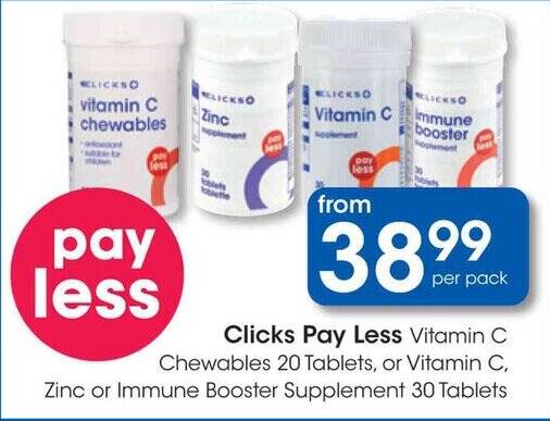 Clicks Pay Less Vitamin C Chewables 20 Tablets, or Vitamin C, Zinc or Immune Booster Supplement ...