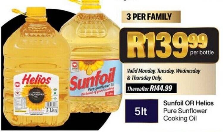 Sunfoil OR Helios Pure Sunflower Cooking Oil 5 L offer at Take 'n Pay