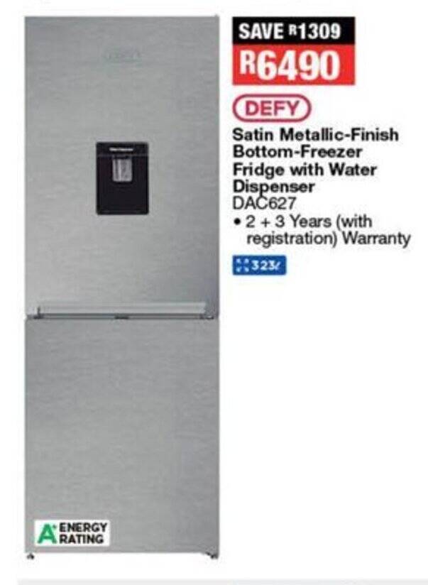 DEFY Satin Metallic-Finish Bottom-Freezer Fridge with Water Dispenser ...