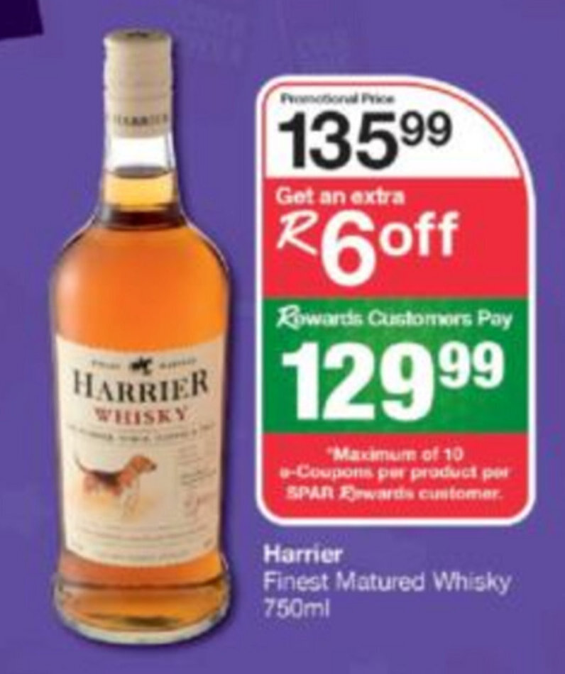 Harrier Finest Matured Whisky 750ml offer at Spar Tops