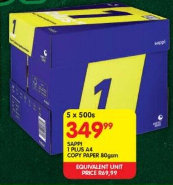 Sappi 1 plus A4 copy paper 80gsm offer at Shoprite