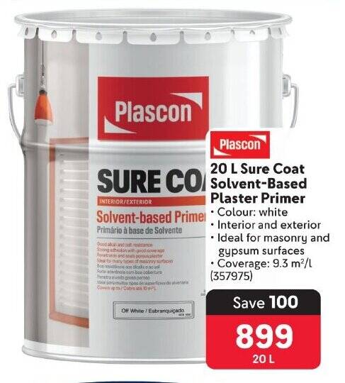 Plascon Sure Coat Solvent-Based Plaster Primer offer at Makro
