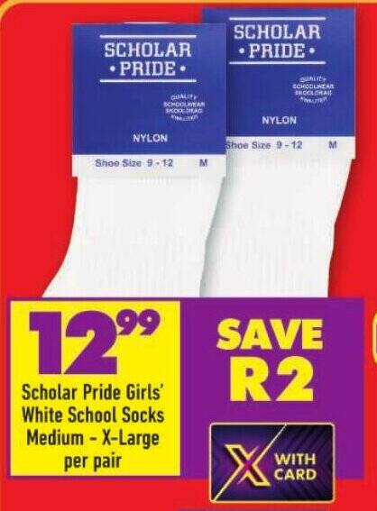 Scholar Pride Girls' White School Socks offer at Shoprite