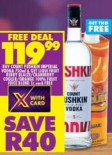 Count Pushkin Imperial Vodka 750ml & Liqui Fruit Berry 1L offer at ...
