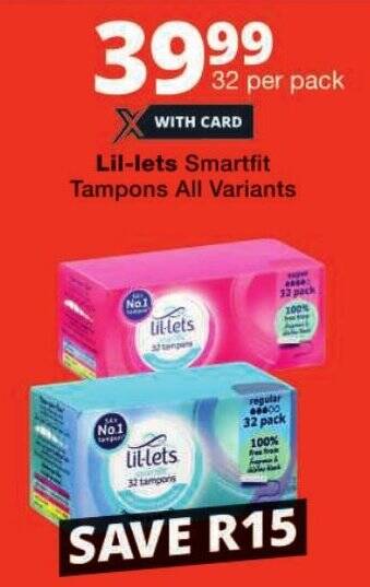 Lil-lets Smartfit Tampons All Variants offer at Checkers