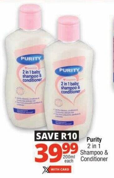 Purity 2 in 1 Shampoo & Conditioner 200 ml offer at Checkers