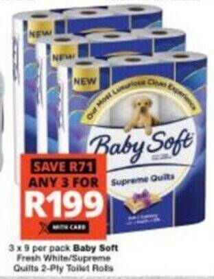 Baby Soft Fresh White/Supreme Quilts 2-Ply Toilet Rolls offer at Checkers