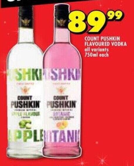 Count pushkin flavoured vodka all variants offer at Shoprite Liquor