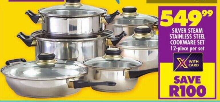 Silver steam stainless steel cookware set offer at Shoprite