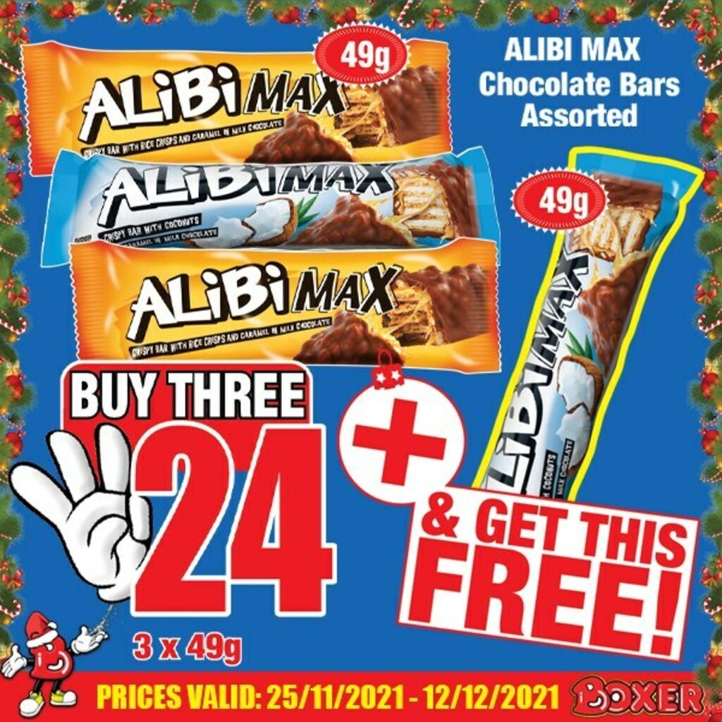 Alibi Max Chocolate Bars Assorted 3 x 49g offer at Boxer