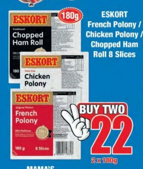 Eskort French Polony/ Chicken Polony / Chopped ham Roll 8 Slices 2 x ...