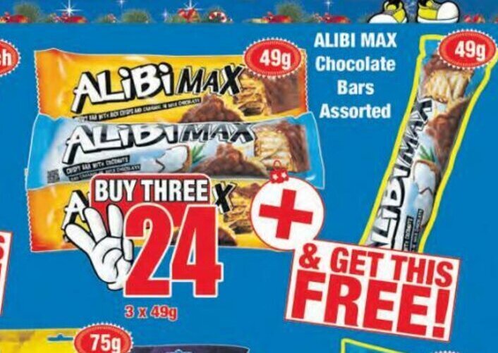 Alibi Max Chocolate Bars Assorted 3 x 49g offer at Boxer