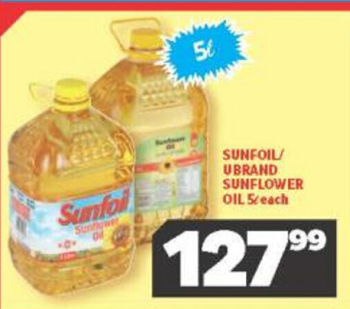 Sunfoil/Ubrand Sunflower Oil 5L offer at Usave