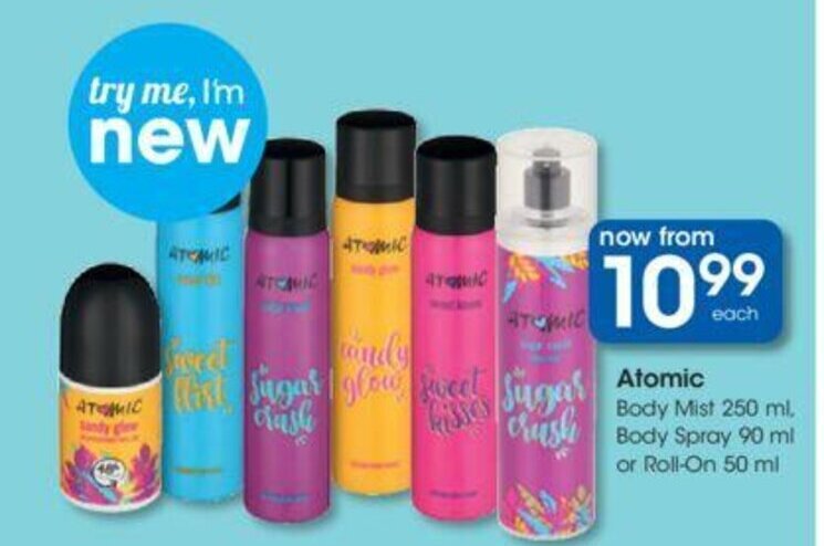 Atomic Body Mist 250 ml, Body Spray 90ml or Roll-On 50ml offer at Clicks