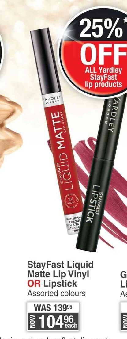 Yardley StayFast Liquid Matte Lip Vinyl or Lipstick Assorted colours ...