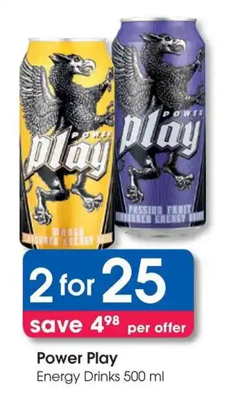 Power Play Energy Drinks 2 x 500 ml offer at Clicks
