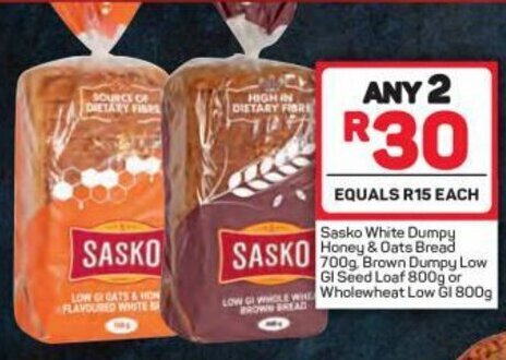 Sasko White Dumpy Honey & Oats Bread 700g, Brown Dumpy Low GI Seed Loaf ...
