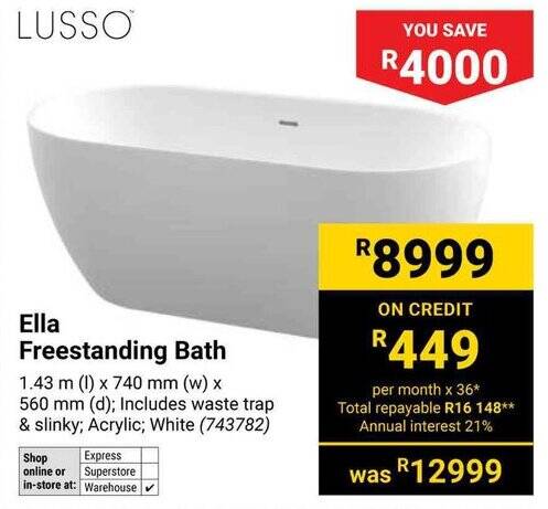 LUSSO Ella Freestanding Bath offer at Builders Warehouse
