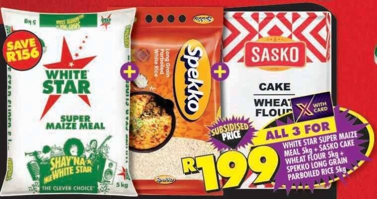 White Star Super Maize Meal 5kg + Sasko Cake Wheat Flour 5kg + Spekko ...
