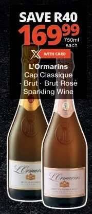 L'Ormarins Cap Classique Brut · Brut Rosé Sparkling Wine offer at Checkers