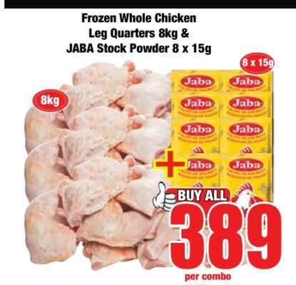 Frozen Whole Chicken Leg Quarters 8kg & JABA Stock Powder 8 x 15g offer ...