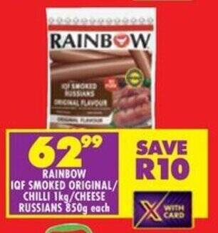 Rainbow iqf smoked original/ chilli/ cheese russians offer at Shoprite