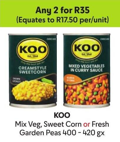 KOO Mix Veg, Sweet Corn or Fresh Garden Peas offer at Makro