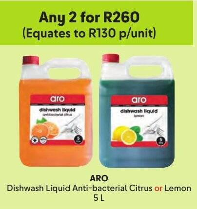 ARO Dishwash Liquid Anti-bacterial Citrus or Lemon 2 x 5 L offer at Makro