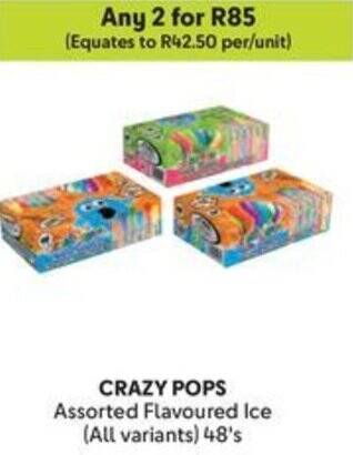 CRAZY POPS Assorted Flavoured Ice 2 x 48 s offer at Makro