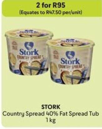 STORK Country Spread 40% Fat Spread Tub 2 x 1 kg offer at Makro