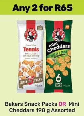 Bakers Snack Packs OR Mini Cheddars Assorted 2 x 198 g offer at Game