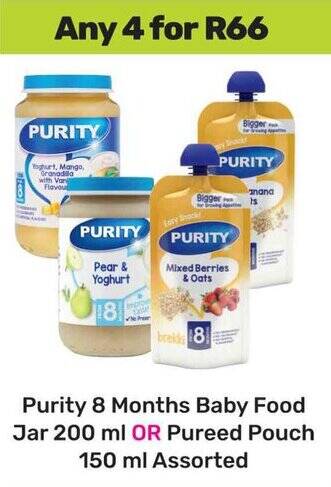Purity 8 Months Baby Food Jar OR Pureed Pouch Assorted offer at Game