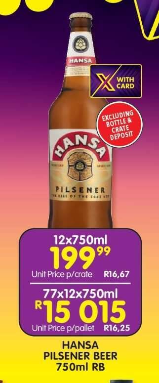 HANSA PILSENER BEER 750ml RB offer at Shoprite