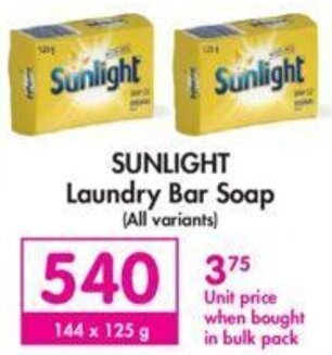 Sunlight Laundry Bar Soap 144 x 125g offer at Makro
