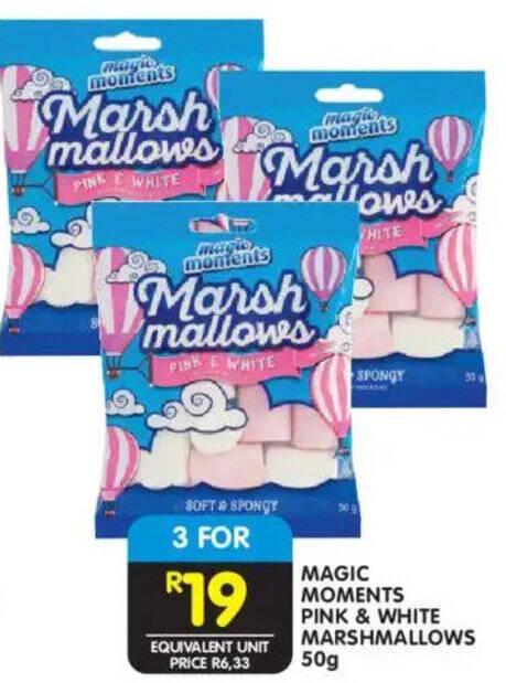 Magic moments pink & white marshmallows 3 x 50 g offer at Shoprite ...