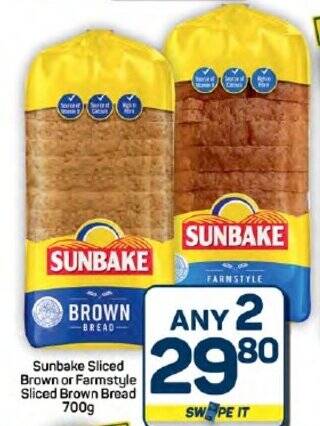 Sunbake Sliced Brown or Farmstyle Sliced Brown Bread 2 x 700 g offer at ...