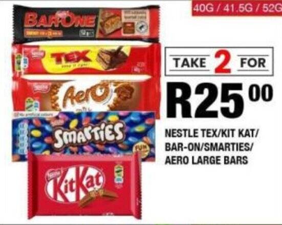 Nestle tex/ kit kat/ bar-one/ smarties/ aero large bars offer at Take ...