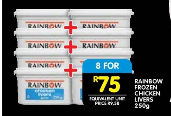 RAINBOW FROZEN CHICKEN LIVERS 250g offer at Shoprite