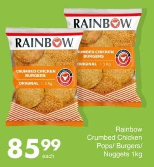 Rainbow Crumbed Chicken Pops/ Burgers/ Nuggets 1 kg offer at Save Hyper