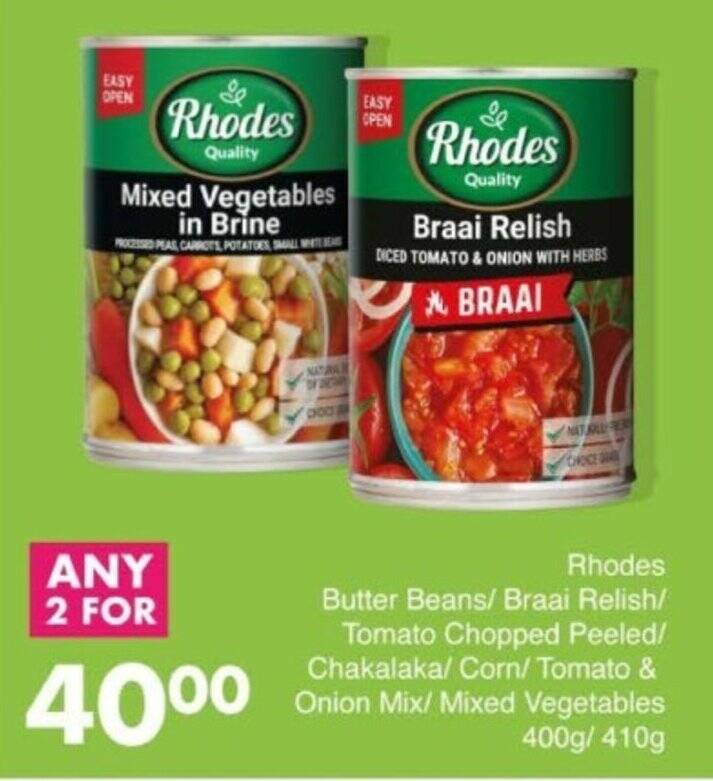 Rhodes Butter Beans/ Braai Relish/ Tomato Chopped Peeled/ Chakalaka ...