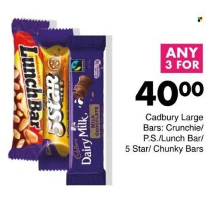 Cadbury Large Bars Crunchie/ P.S./ Lunch Bar/ 5 Star/ Chunky Bars offer ...